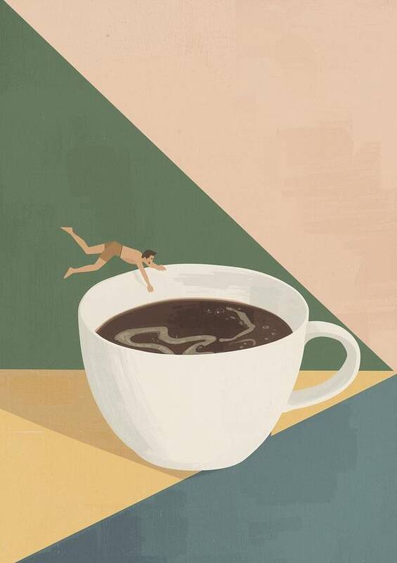 Dive Into Coffee, Surreal Minimalist Conceptual Illustration with Mode ...